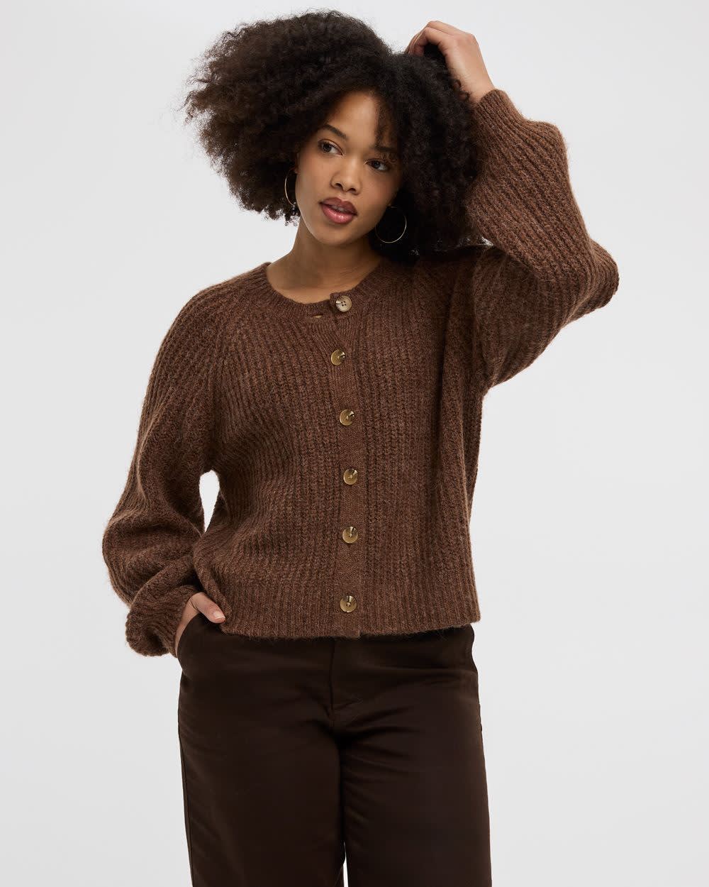 Long-Balloon-Sleeve Crew-Neck Cardigan | Regular | Reitmans